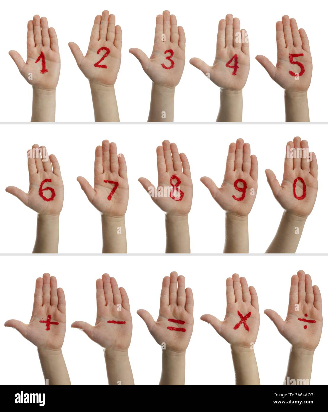 Children's hands with red color numbers and mathematical symbols Stock ...