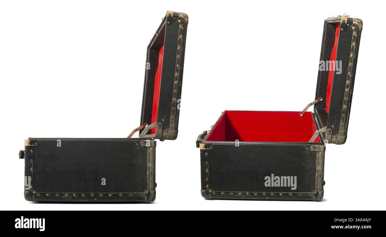 Opened old travel leather suitcase. Red color inside Stock Photo - Alamy