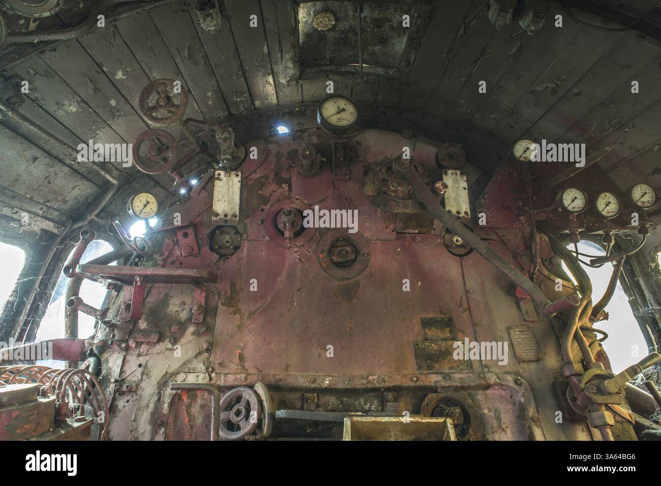 Details of an old steam locomotive interior. Inside the locomotive ...