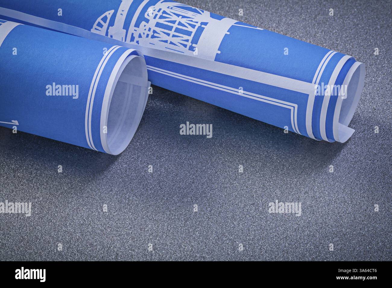 Blue construction plans on grey background front view maintenance ...