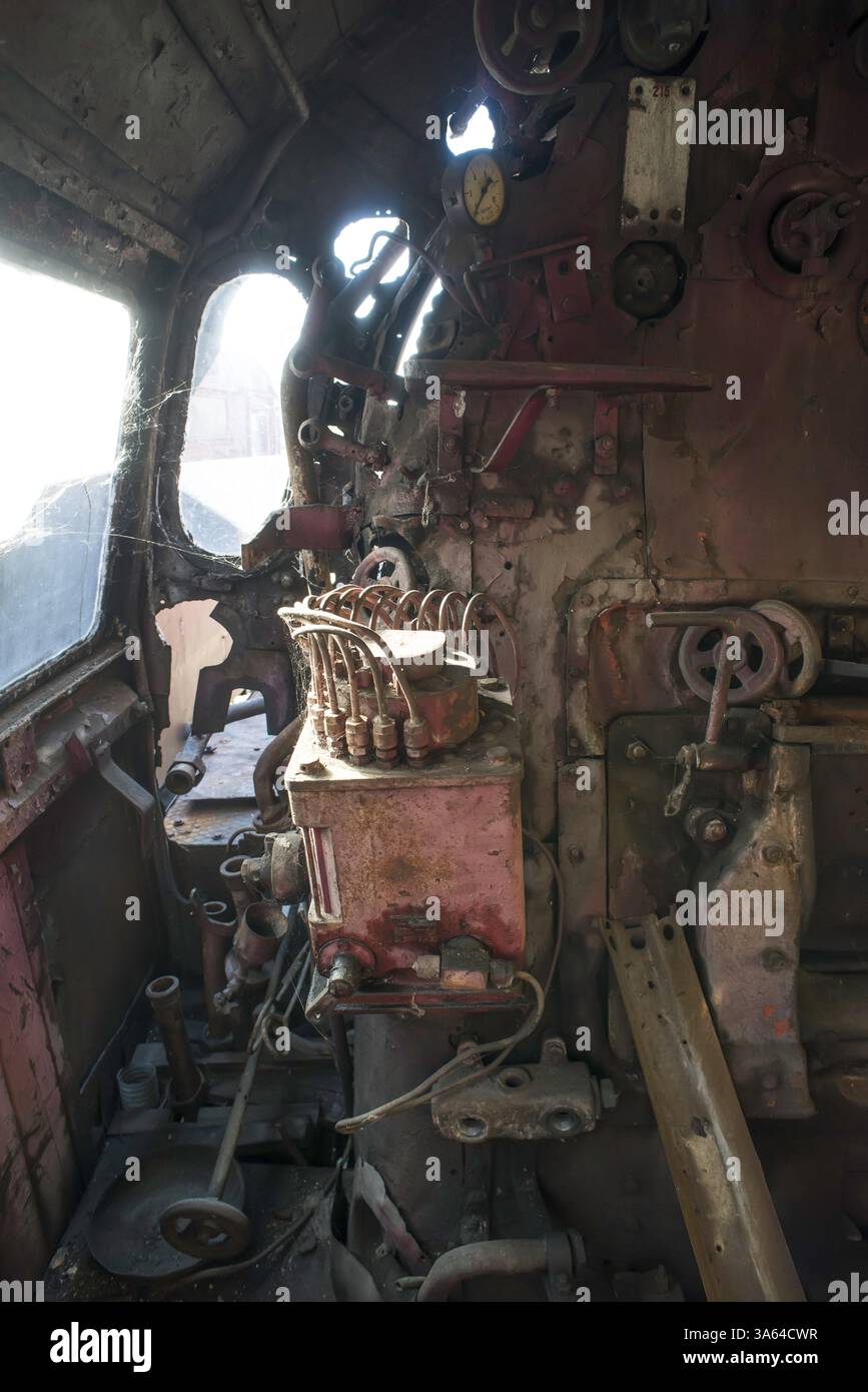 Details of an old steam locomotive interior. Inside the locomotive ...