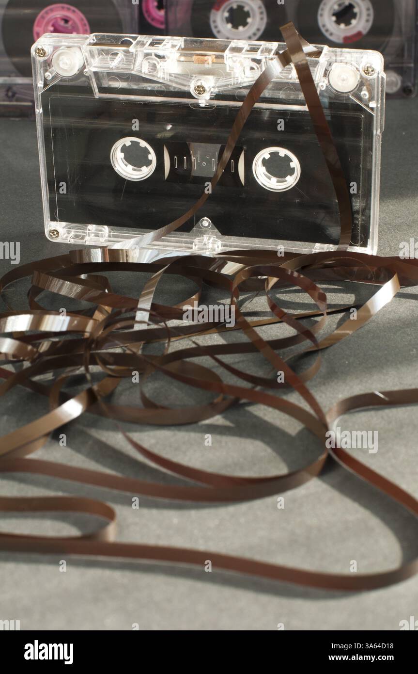 Audio tape cassette with subtracted out tape. Old broken cassette Stock ...