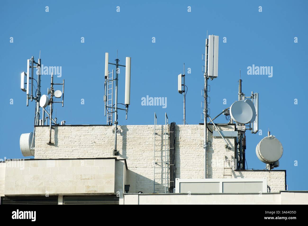 GSM transmitters on a roof of white administrative building. Close up ...