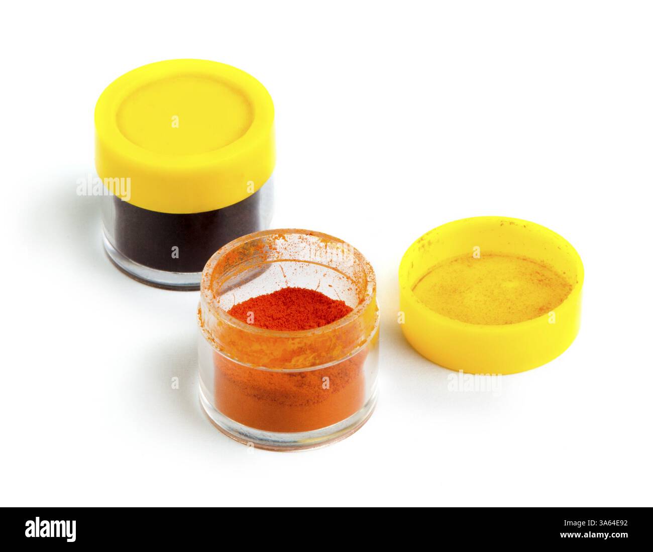 Artificial food coloring pigment or substances in pack.White isolated ...