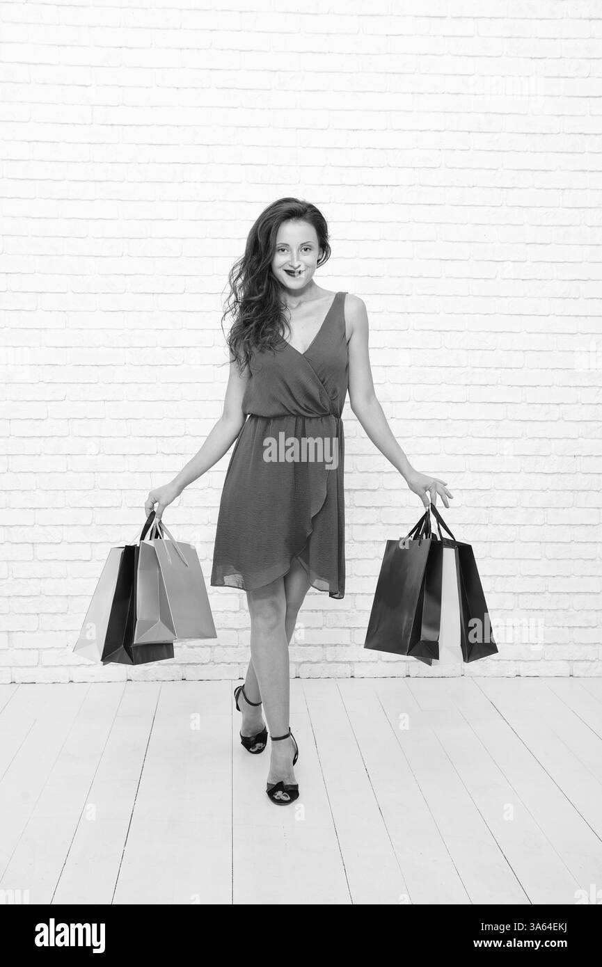 Girl shopping. Woman update wardrobe. Shopping sale and discount. Girl ...