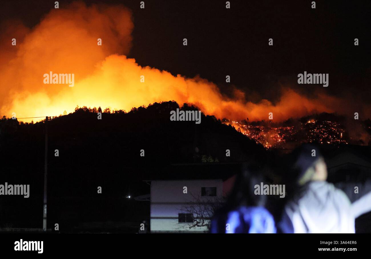 The photo shows a spreading forest fire in Imabari, Ehime Prefecture ...