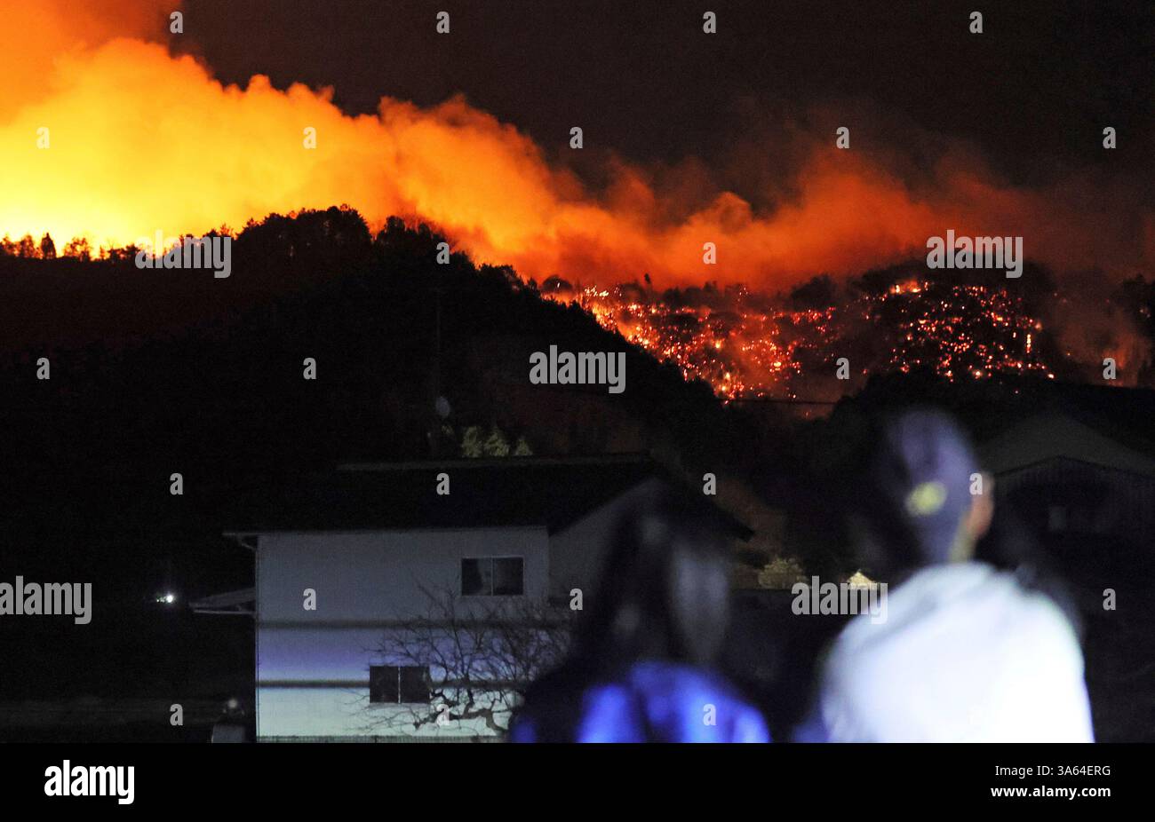The photo shows a spreading forest fire in Imabari, Ehime Prefecture ...