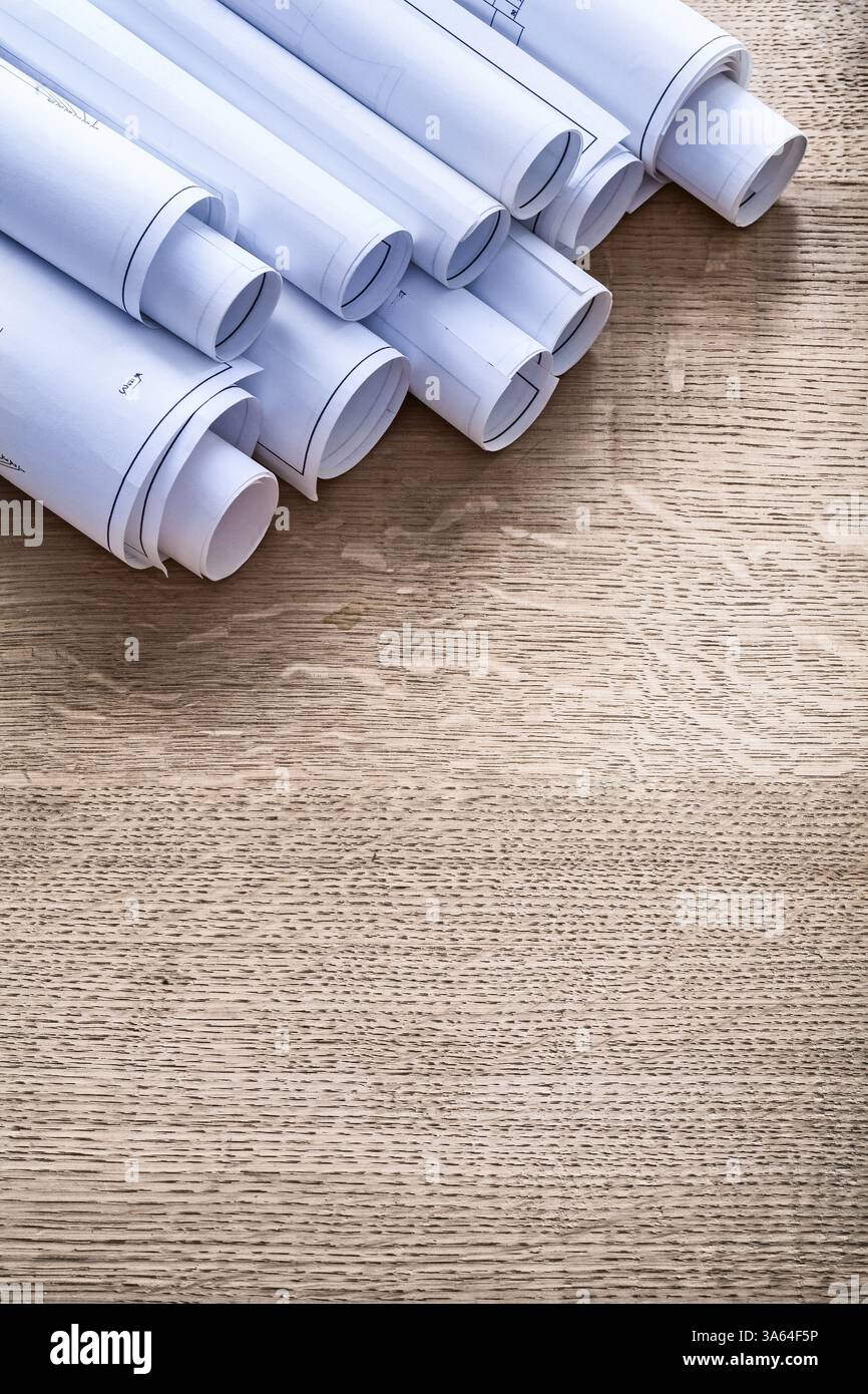 Composition of construction plans on wooden oaken board maintenance ...