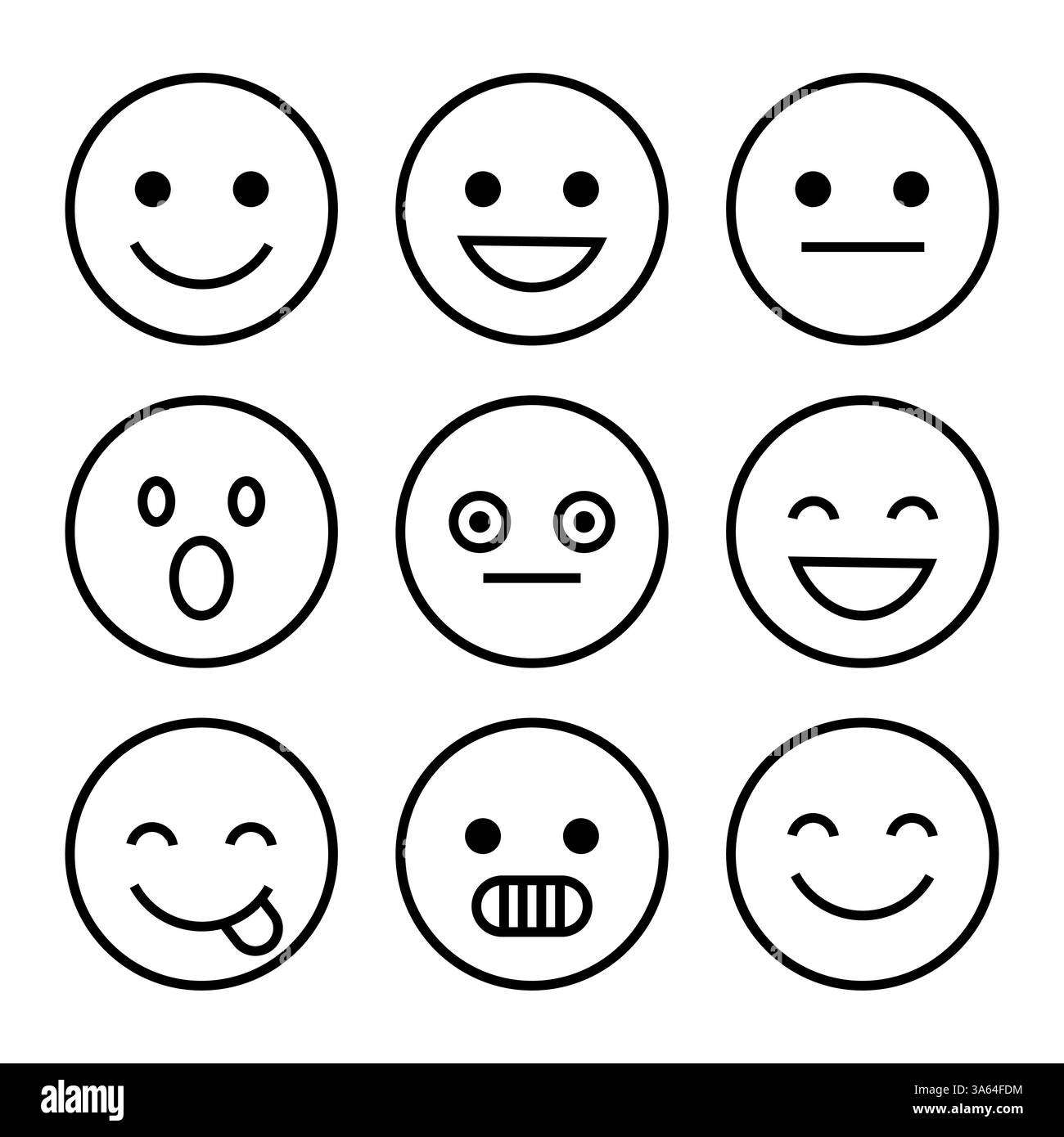 Minimal outline emojis. Simple black faces. Vector emotion set. Monochrome smile symbols Stock ...