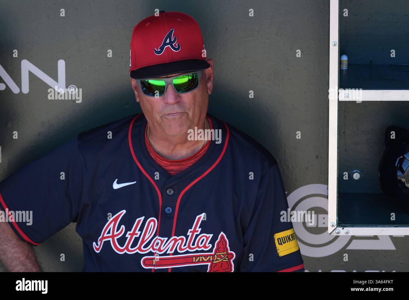 Atlanta Braves manager Brian Snitker pauses in the dugout prior to a ...