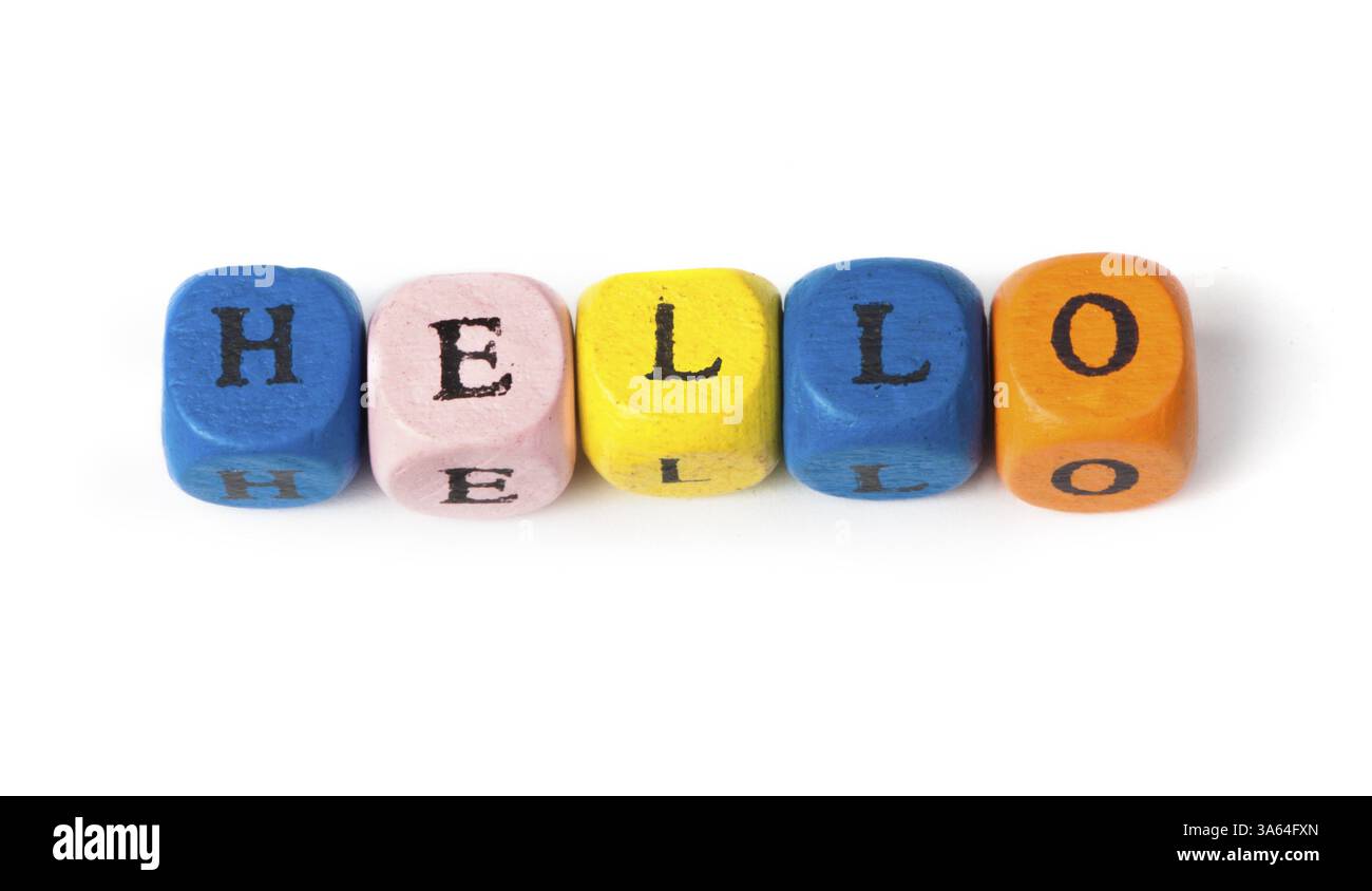 Word hello on multicolored wooden cubes white isolated Stock Photo - Alamy