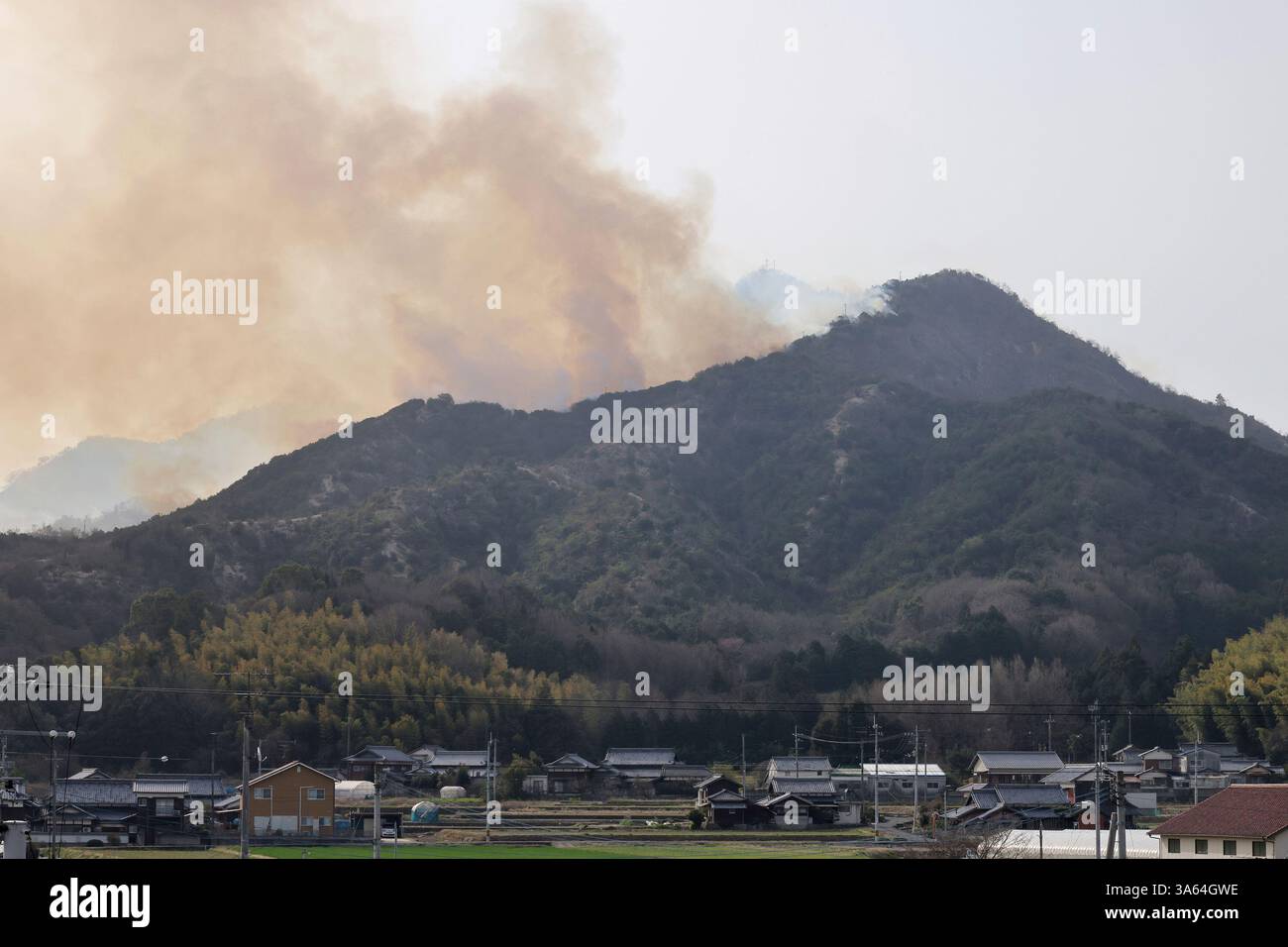 The photo shows a spreading forest fire in Imabari, Ehime Prefecture ...