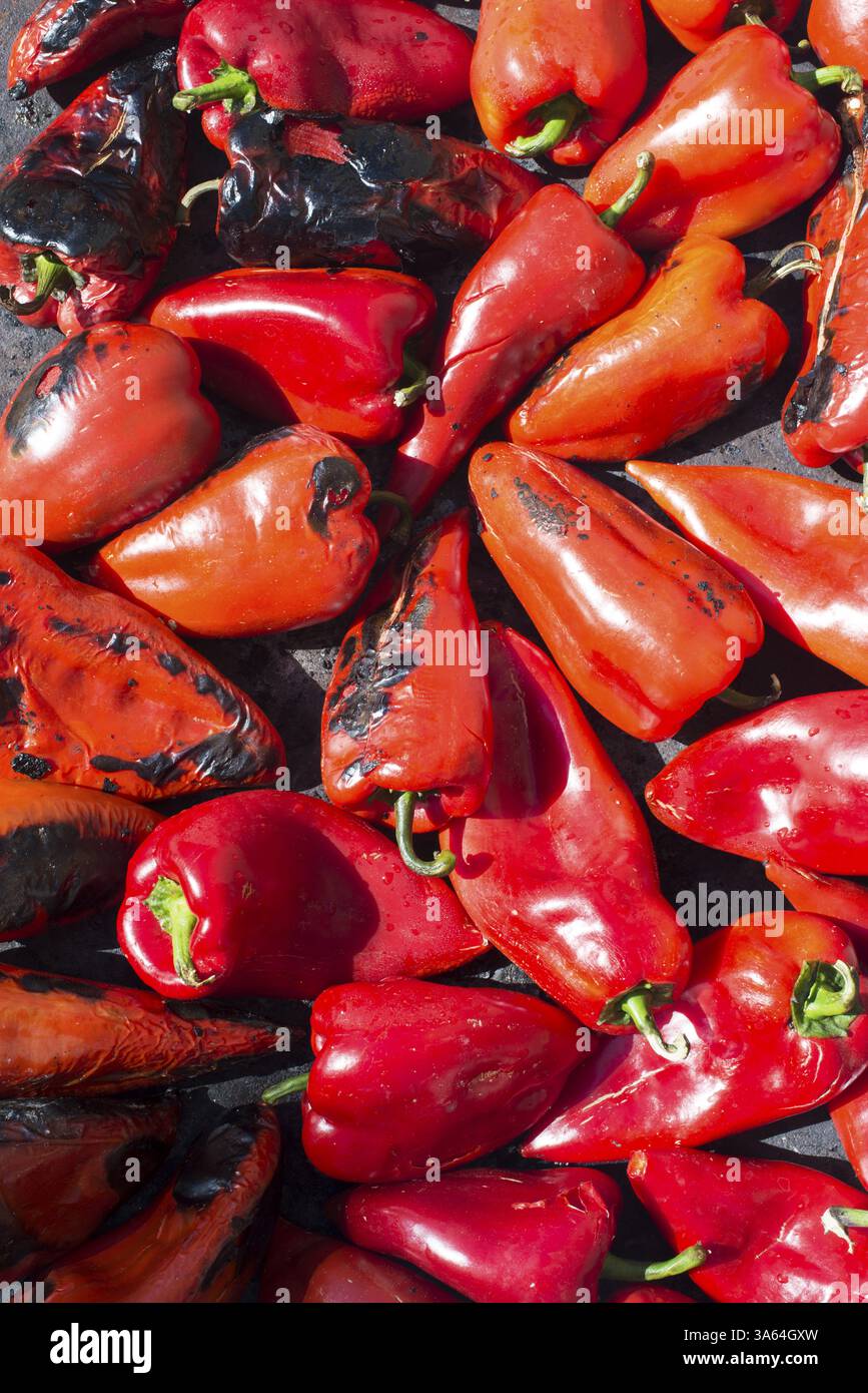 Roasted red peppers background. Sun light Stock Photo - Alamy