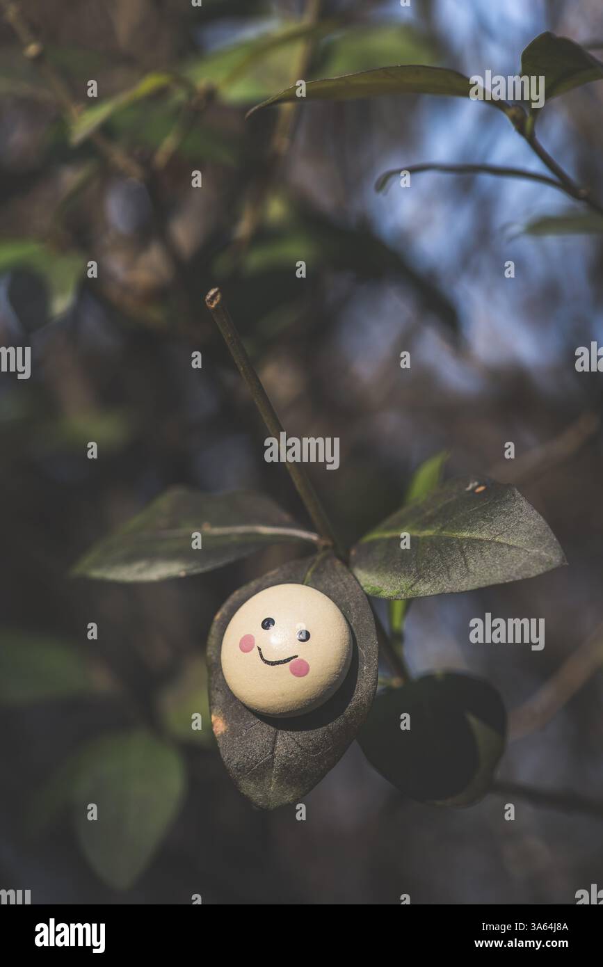 Smile icon miniature on tree twig Stock Photo - Alamy