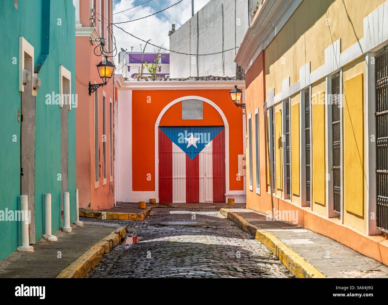 Colorful Street in Old San Juan, Puerto Rico, with Puerto Rican Flag ...