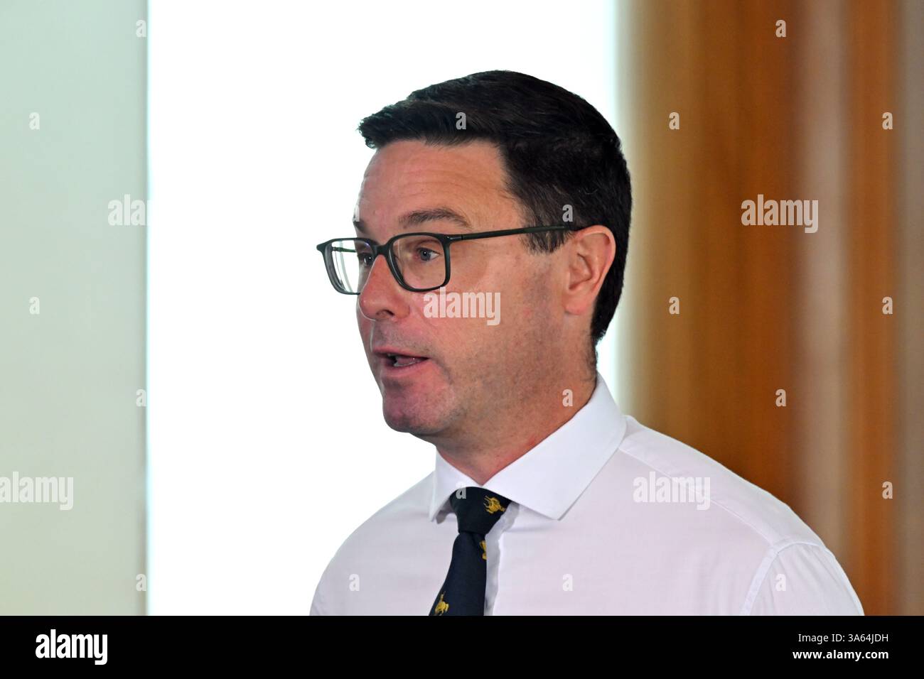 Nationals leader David Littleproud speaks to a television journalist at ...