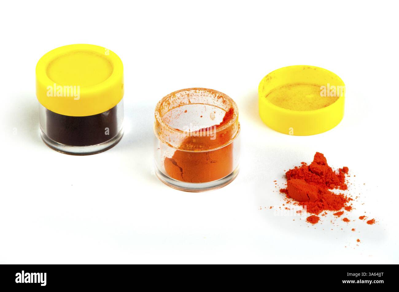 Artificial food coloring pigment or substances in pack.White isolated ...