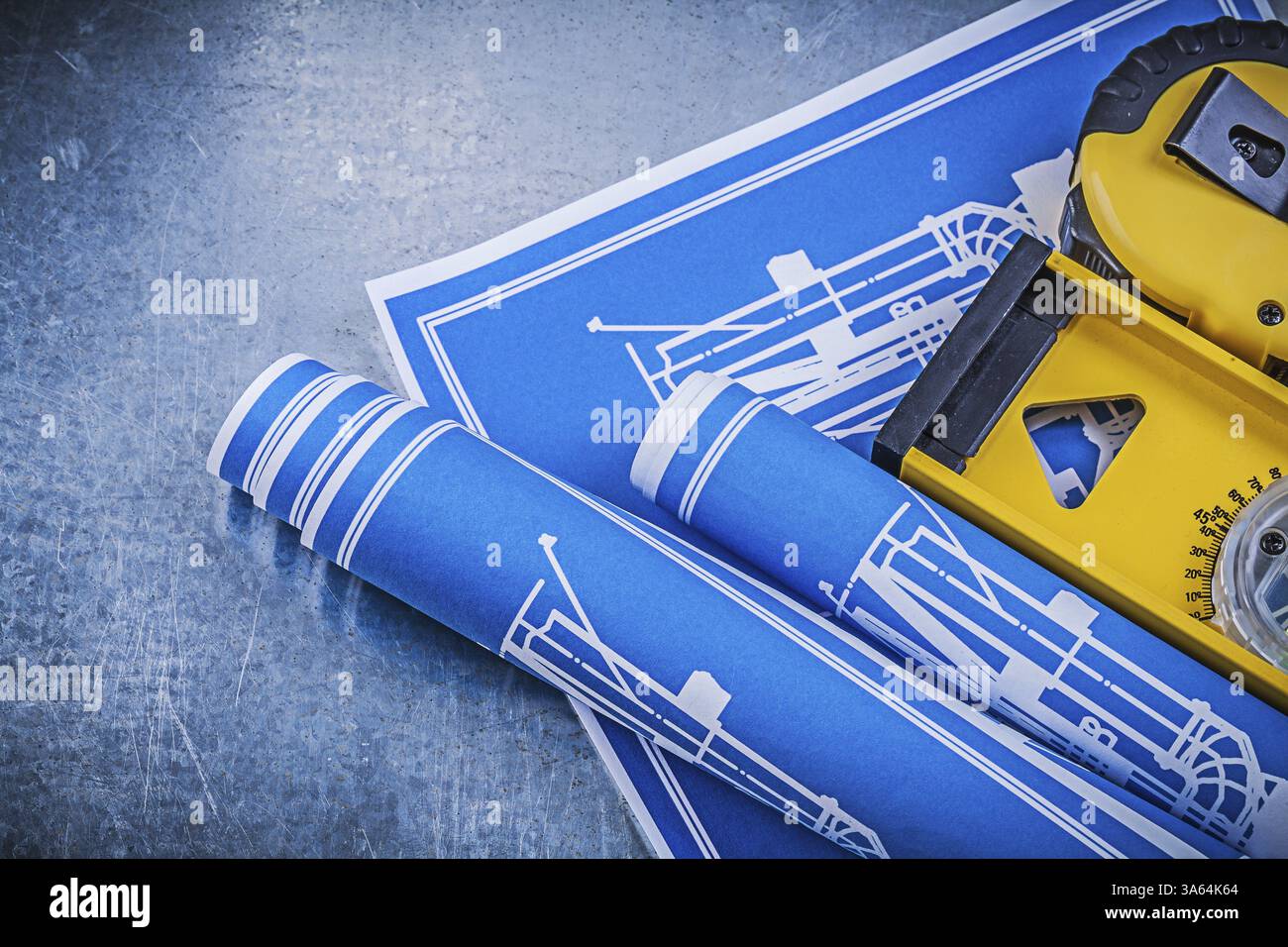 Blue engineering drawings level tape line on metallic background Stock ...