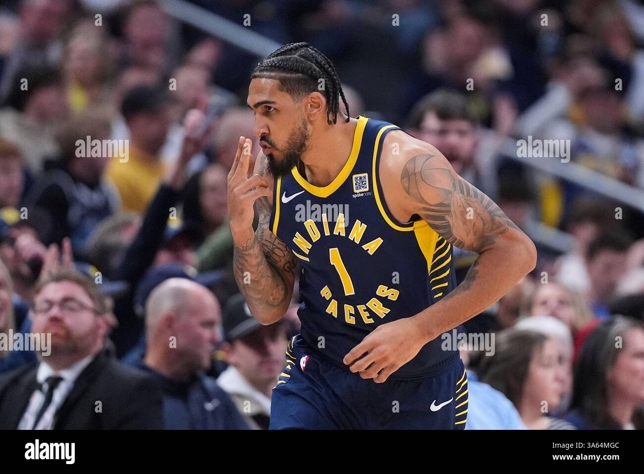Indiana Pacers forward Obi Toppin (1) gestures after a three-point ...