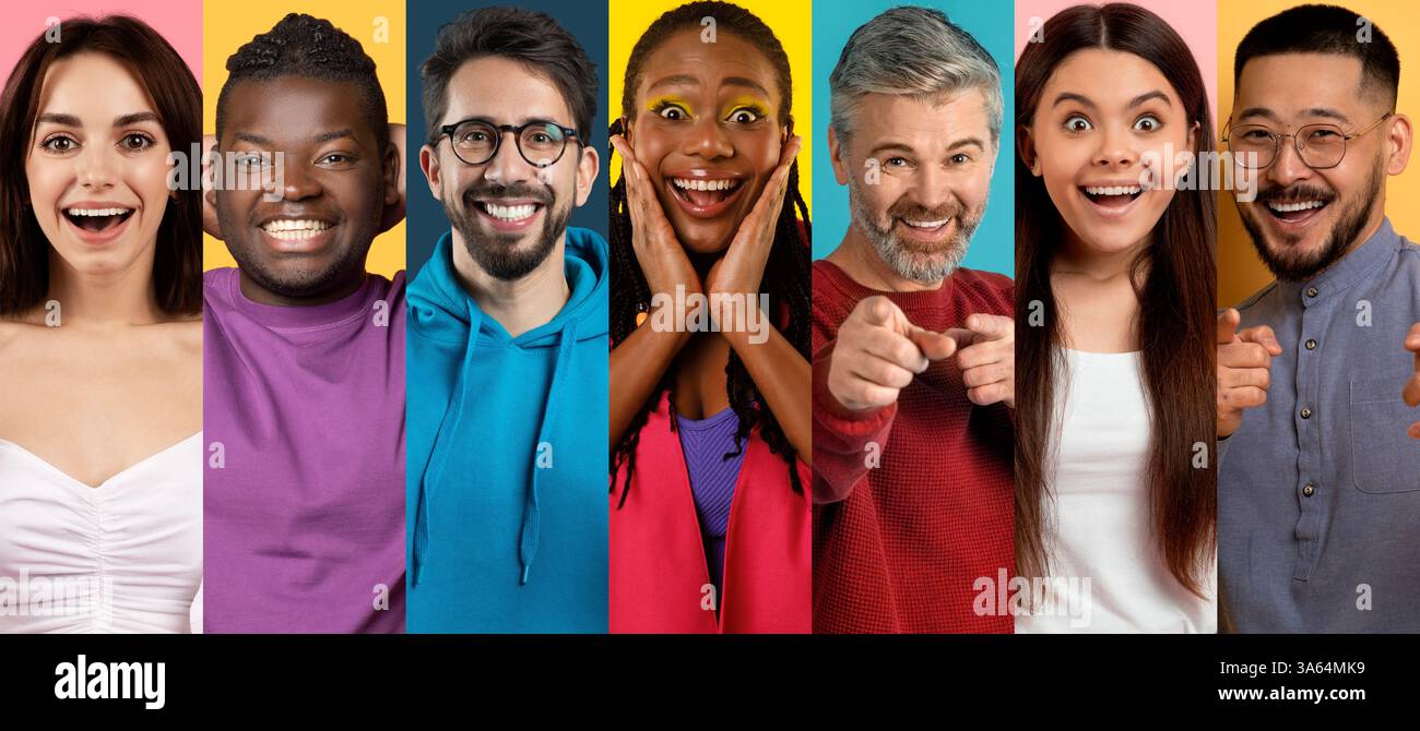 Diverse group of cheerful people celebrating happiness in a colorful ...