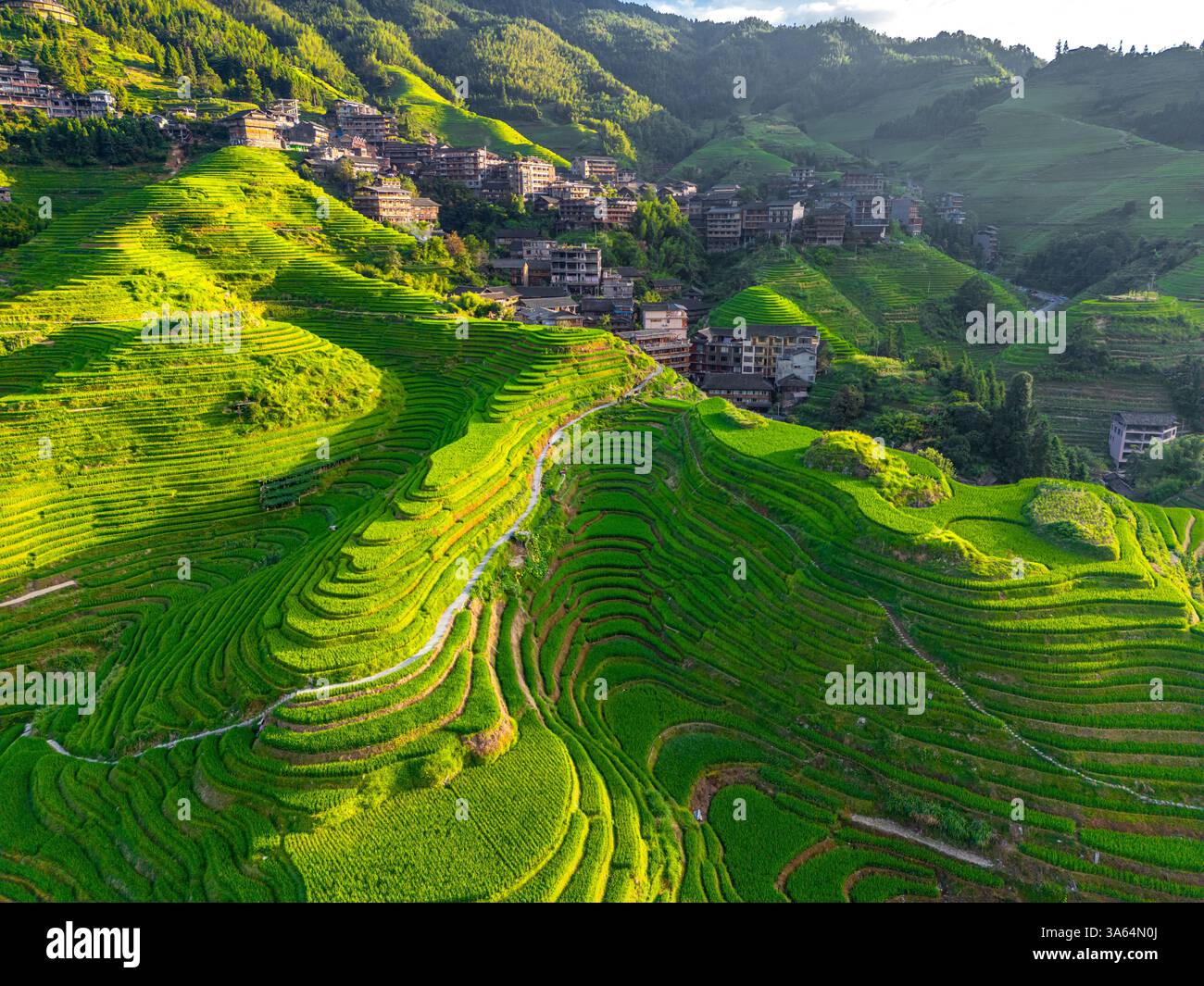 The Longji Rice Terraces in Longsheng China, Drone view of Ping An ...