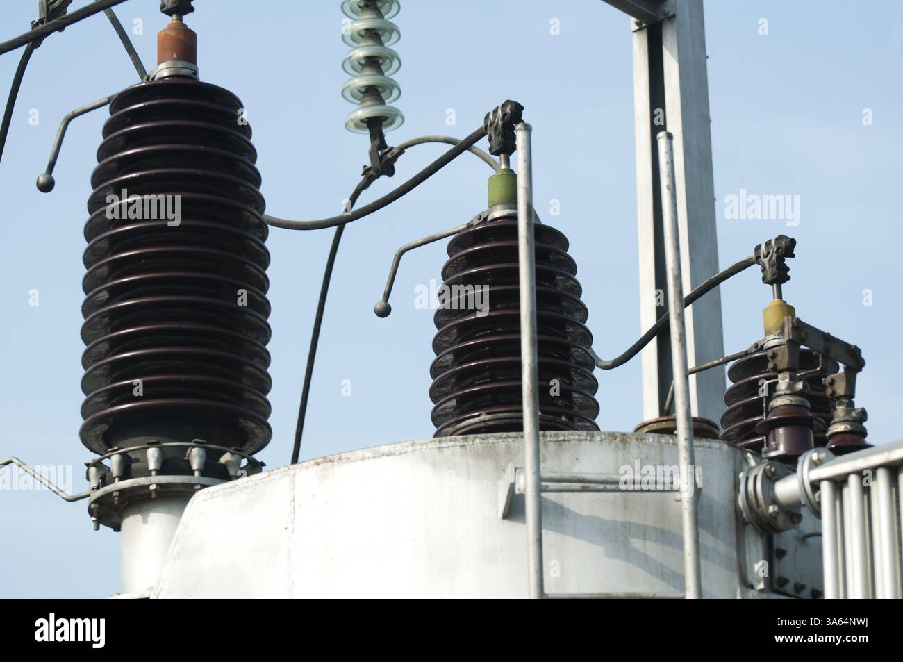 High-voltage wires and transformers. Electrical distribution station ...