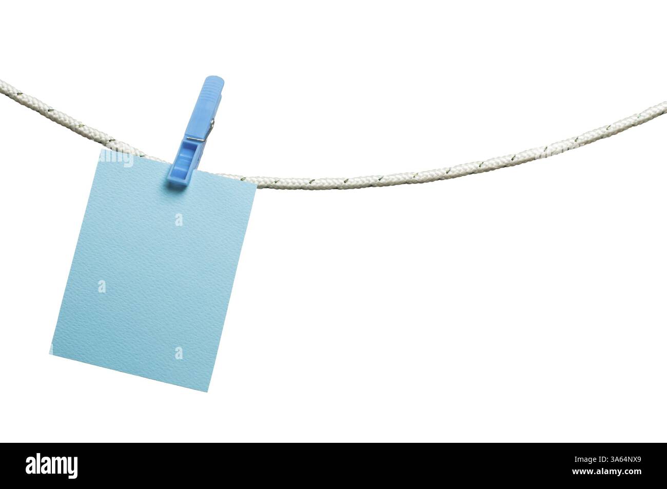 Note papers hooked on a rope. White isolated studio shot Stock Photo ...
