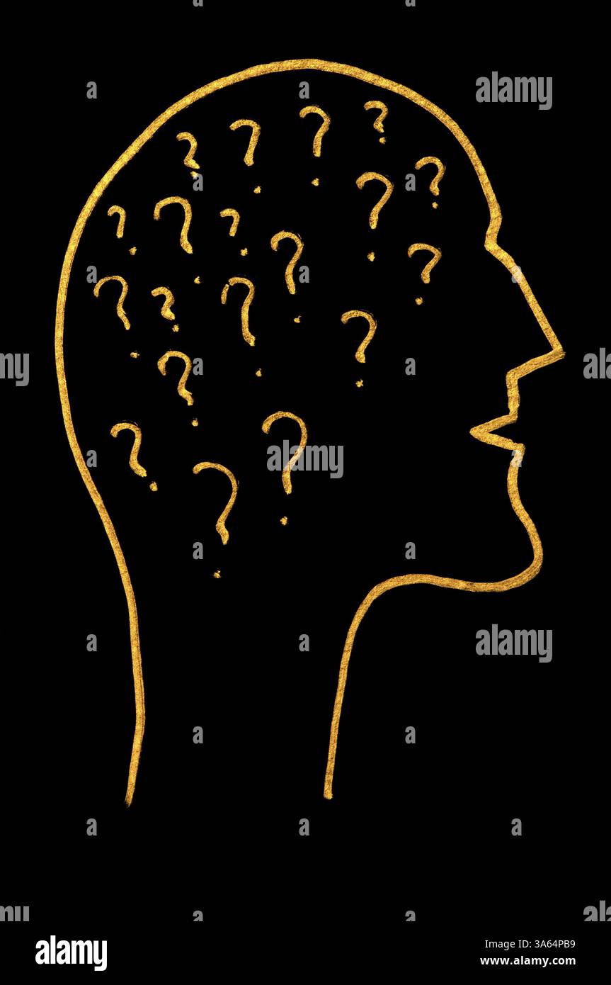 Head and question symbols inside. Black isolated Stock Photo - Alamy