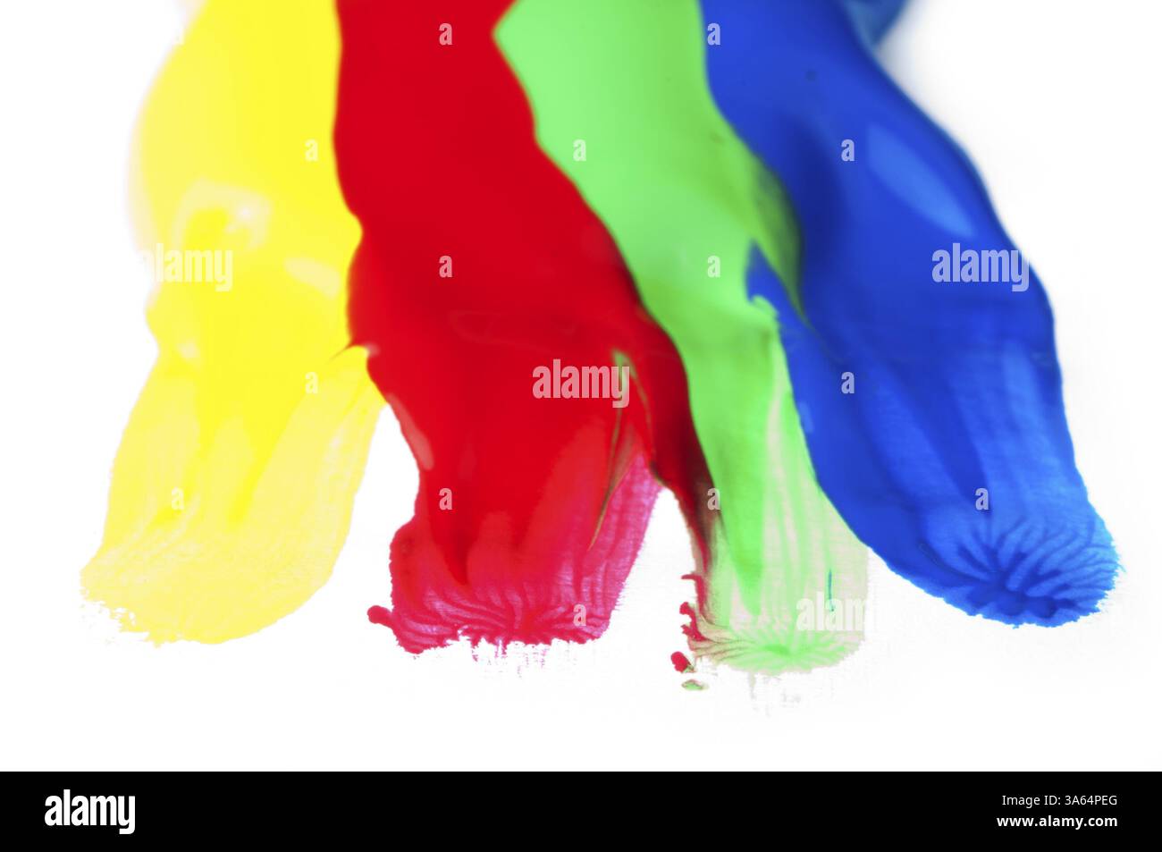 Paint coated on paper. Even paint squeezed from tube. Red, green, blue ...