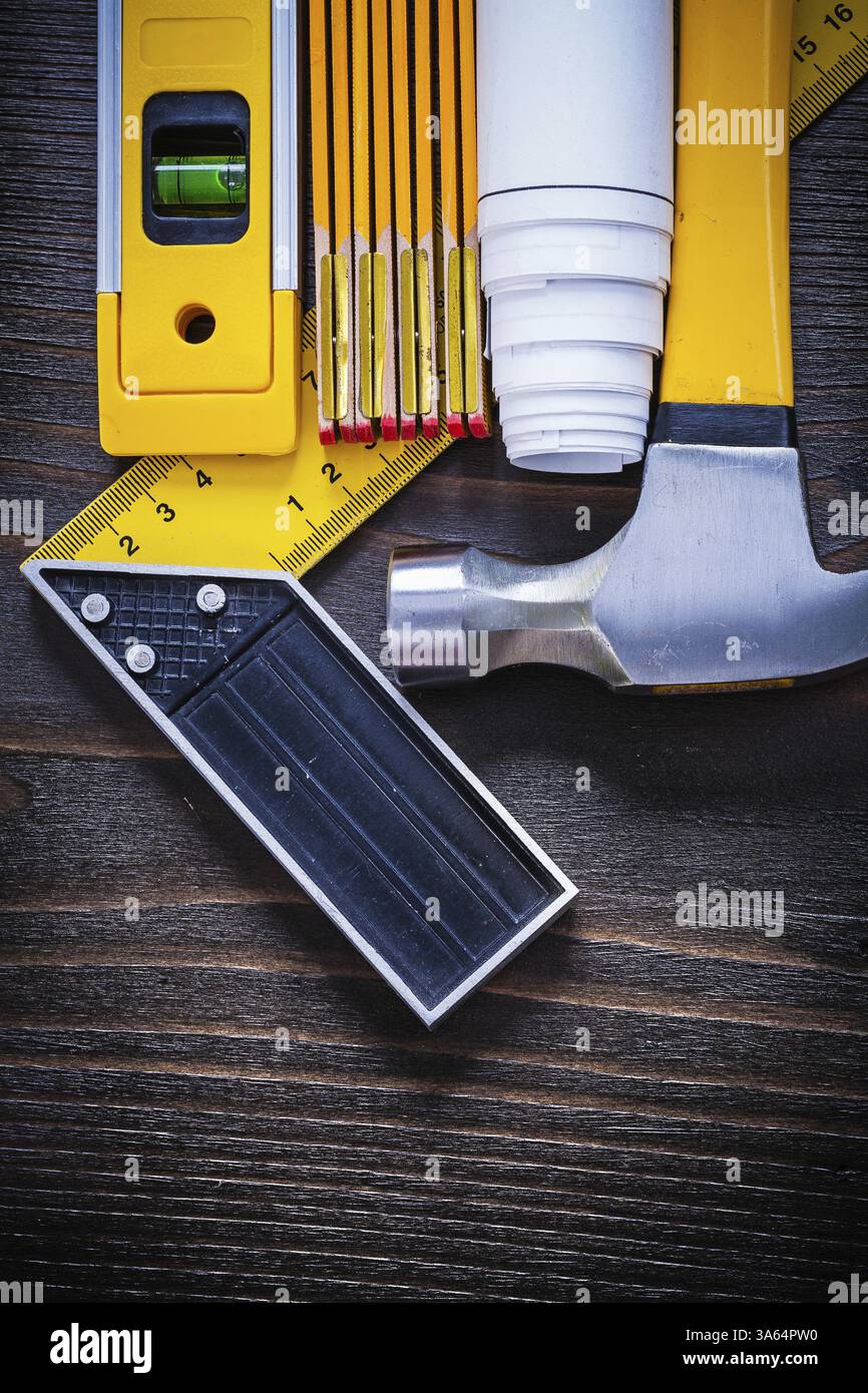 Construction level square ruler blueprint roll wooden meter and claw ...