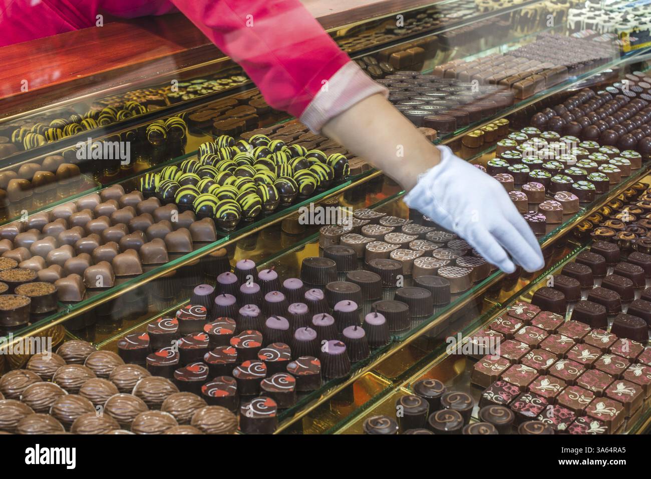 Chocolate candy in a store window. Stand with chocolates. Bulgaria ...