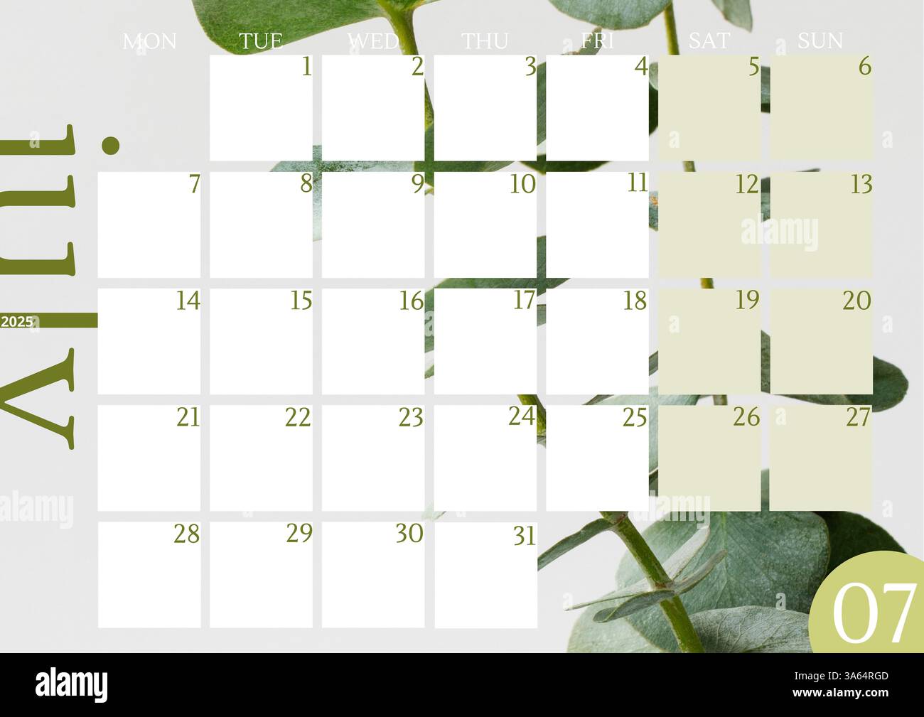 Calendar July 2025 Botanical. Nature Inspired Planner for Productivity ...