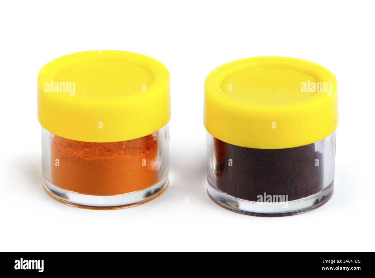 Artificial food coloring pigment or substances in pack.White isolated ...