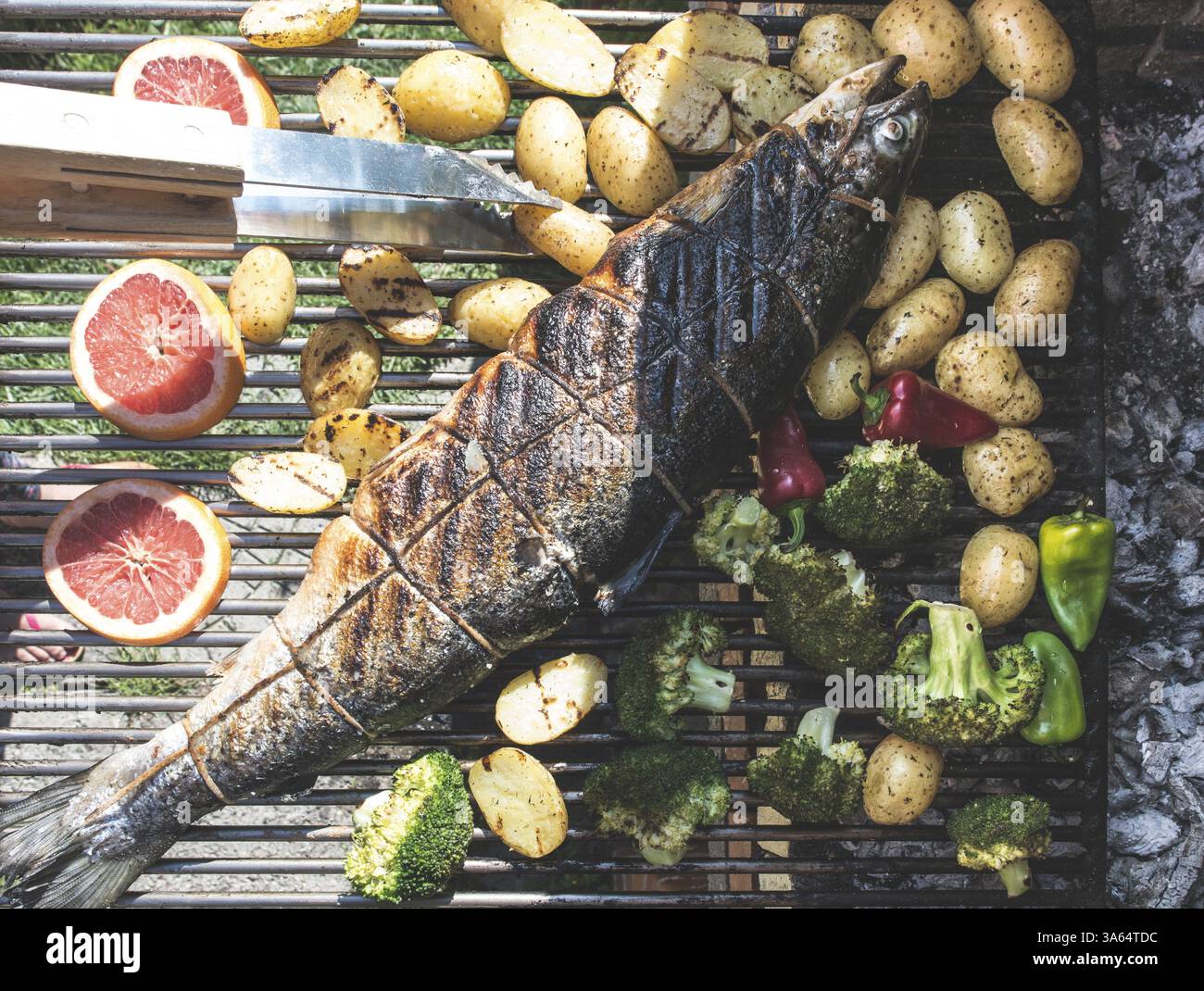 Roasting salmon fish on grill. Vegetables on grill in a garden Stock ...
