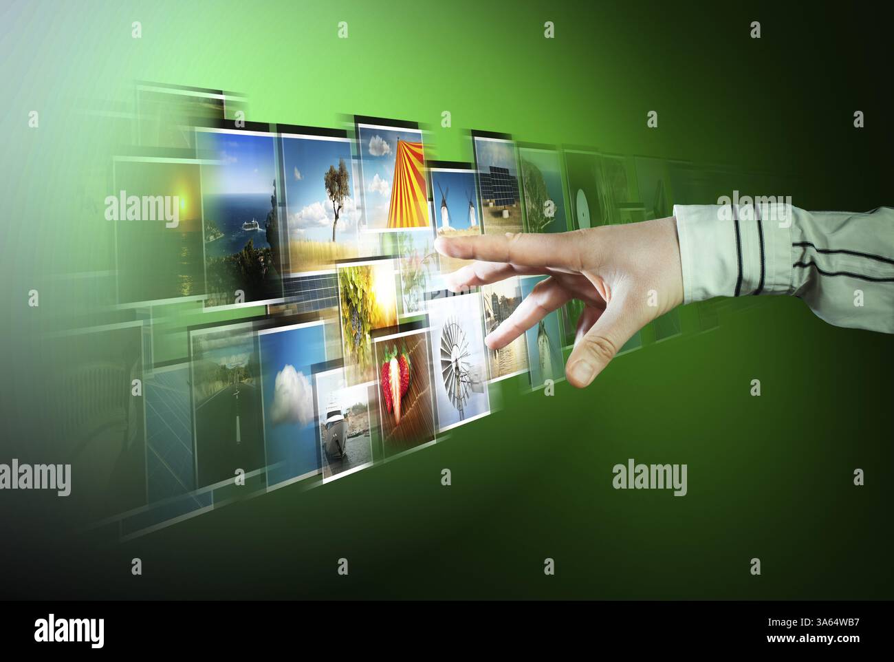 Hand reaching images streaming from the deep on green background Stock ...