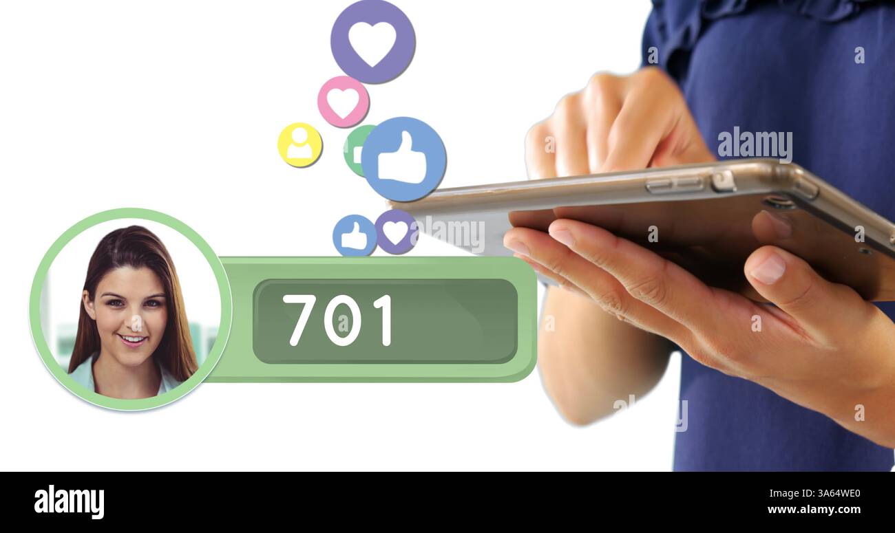 Using tablet, person engaging with social media likes and notifications ...