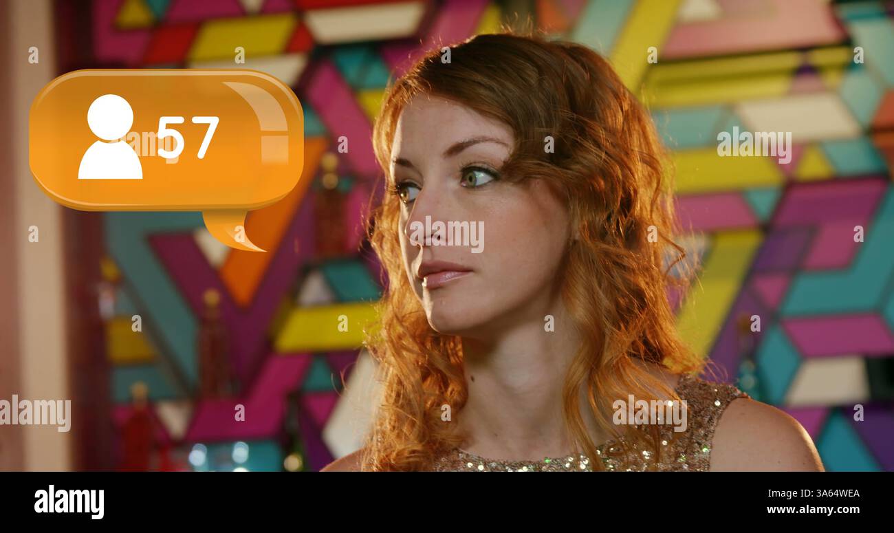 Woman with curly hair looking thoughtful, social media notification ...