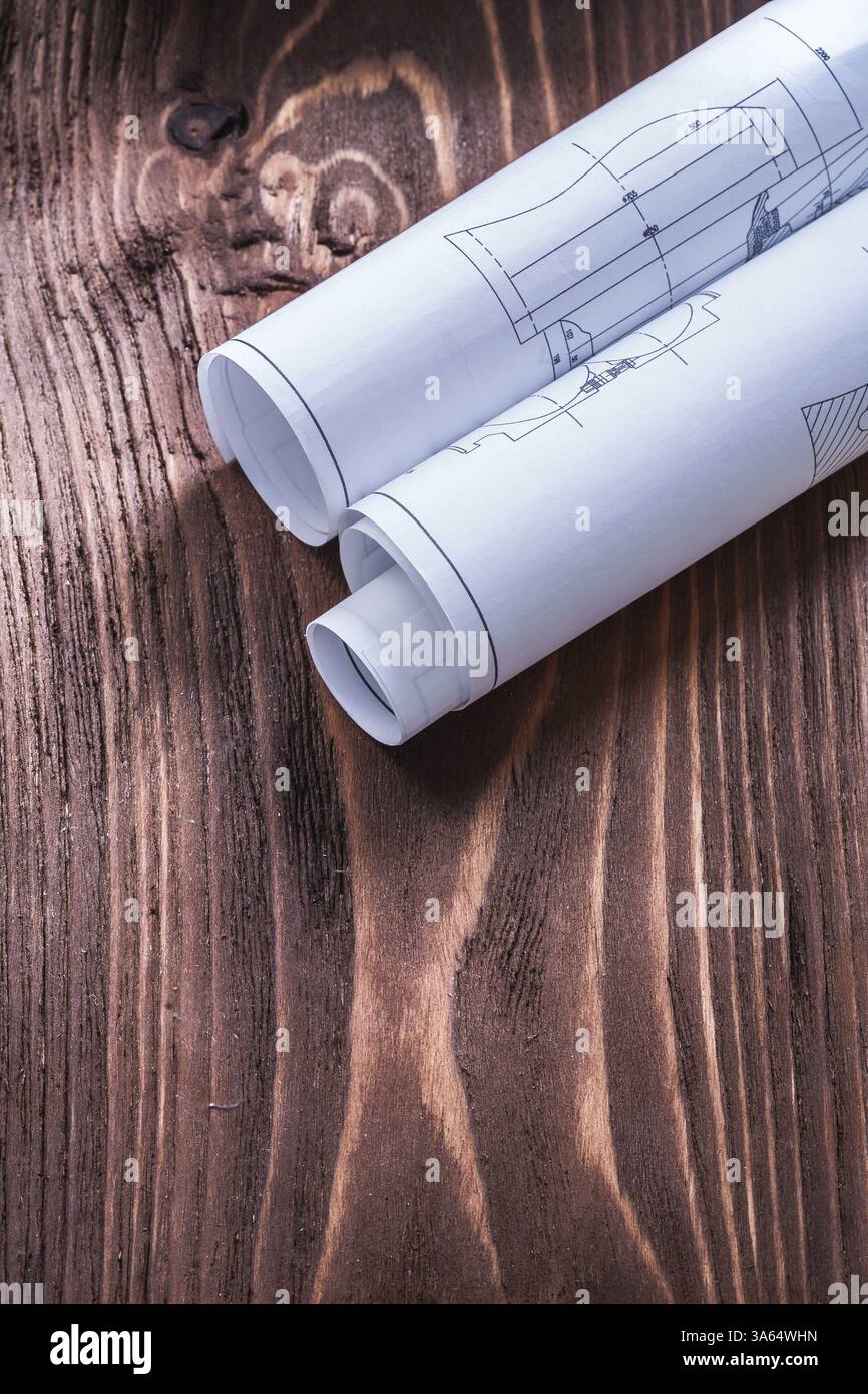 Blueprints on vintage brown wooden board maintenance concept Stock ...
