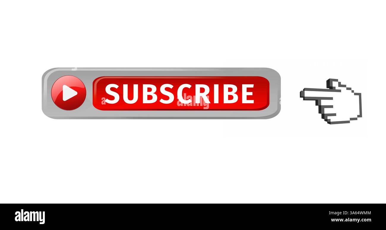 Pixelated hand cursor pointing to red subscribe button, promoting ...