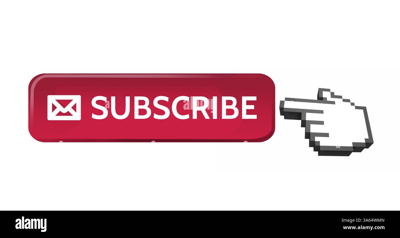 Red subscribe button with envelope icon and pixelated hand cursor pointing Stock Photo - Alamy