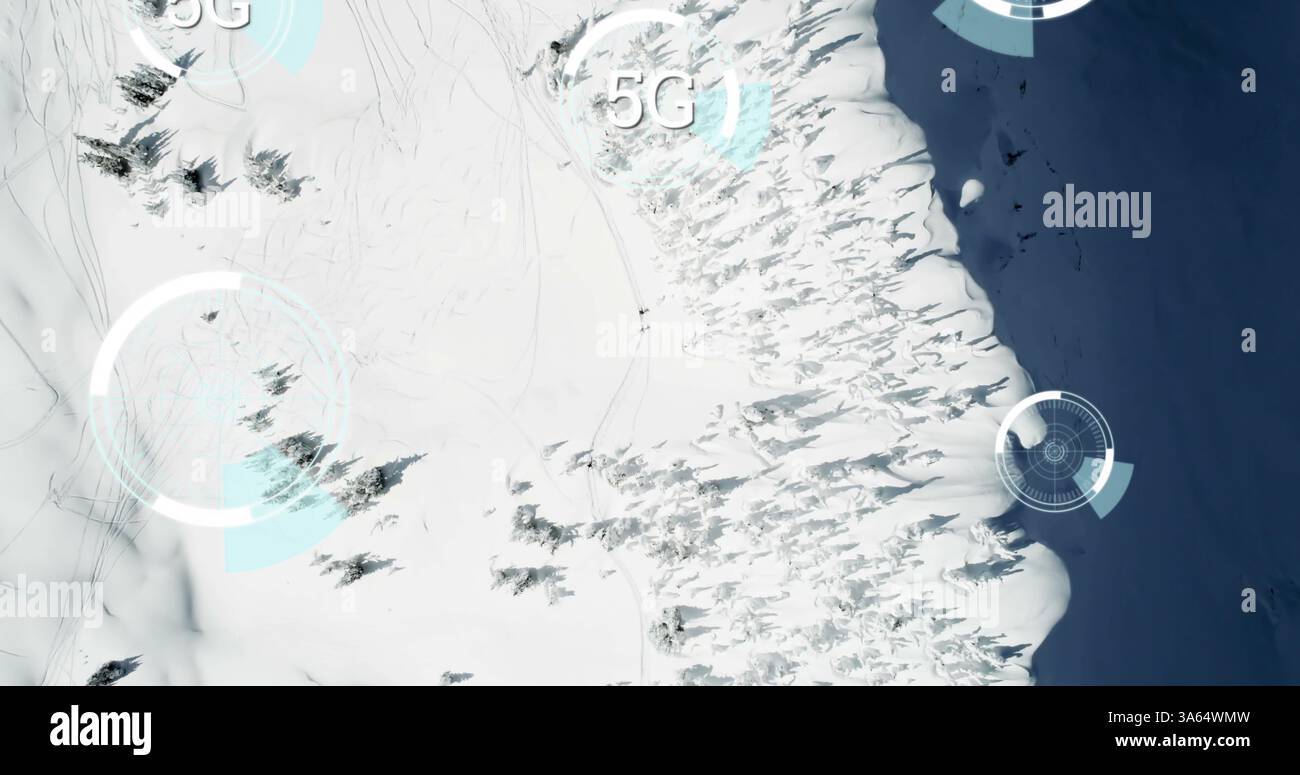 Aerial view of snowy landscape with digital 5G network graphics overlay ...