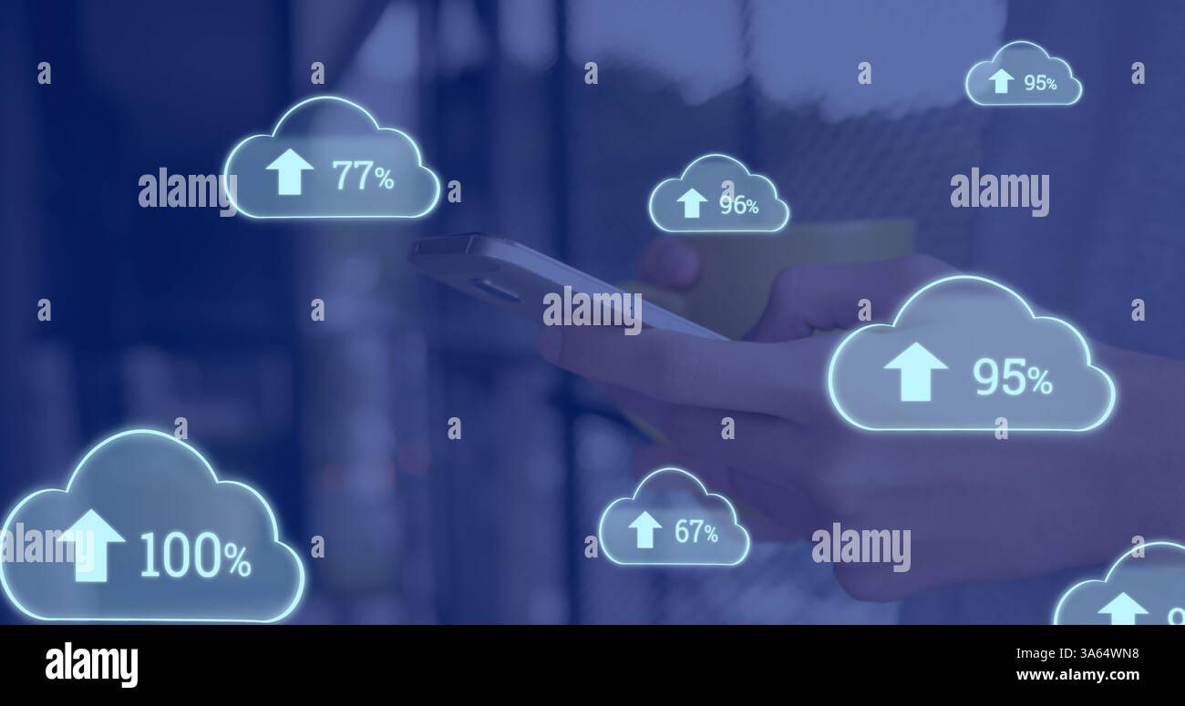 Person using smartphone with digital cloud icons showing upload ...