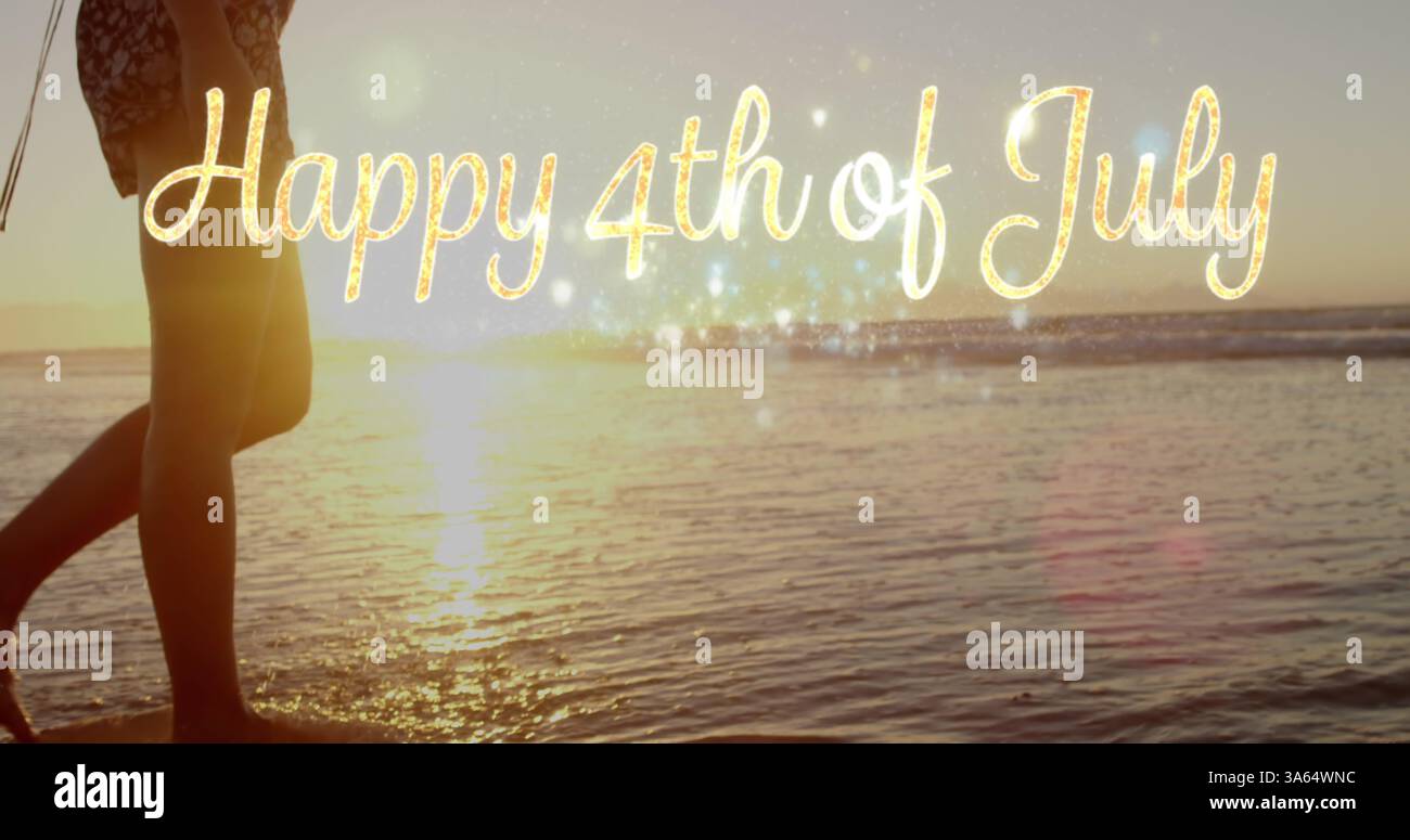 Walking on beach, person enjoying sunset with Happy 4th of July text ...