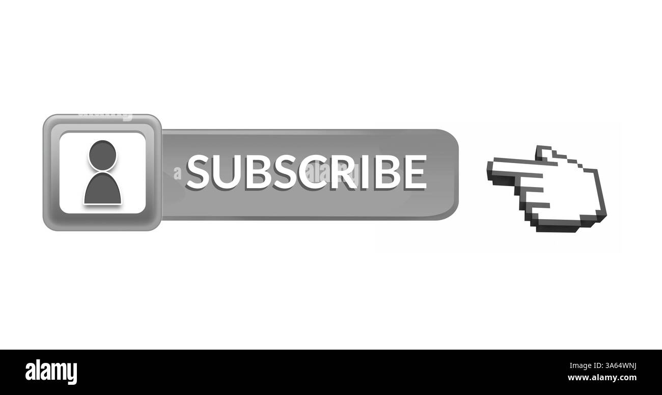 Subscribe button with pixelated hand cursor clicking for online content ...