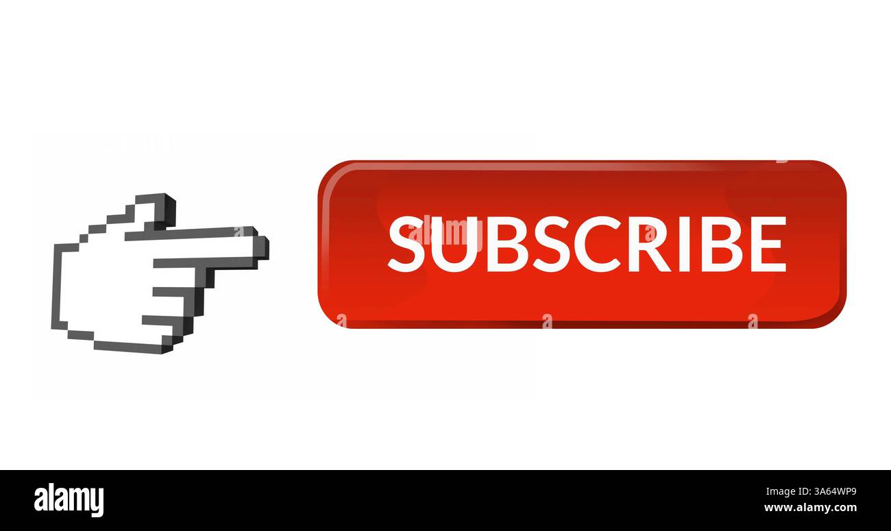 Hand cursor pointing at red subscribe button, encouraging online ...