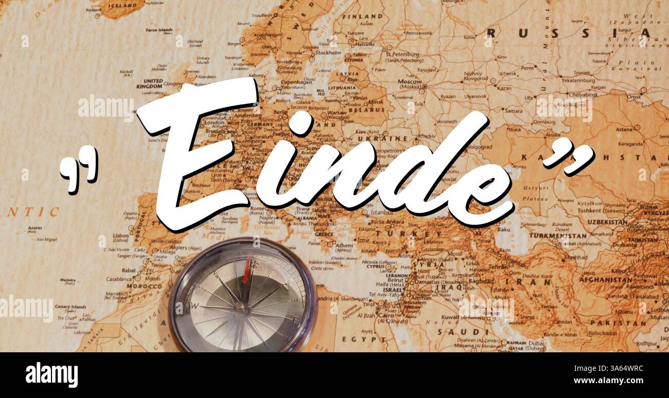 Compass resting on vintage world map with Einde text overlay Stock ...