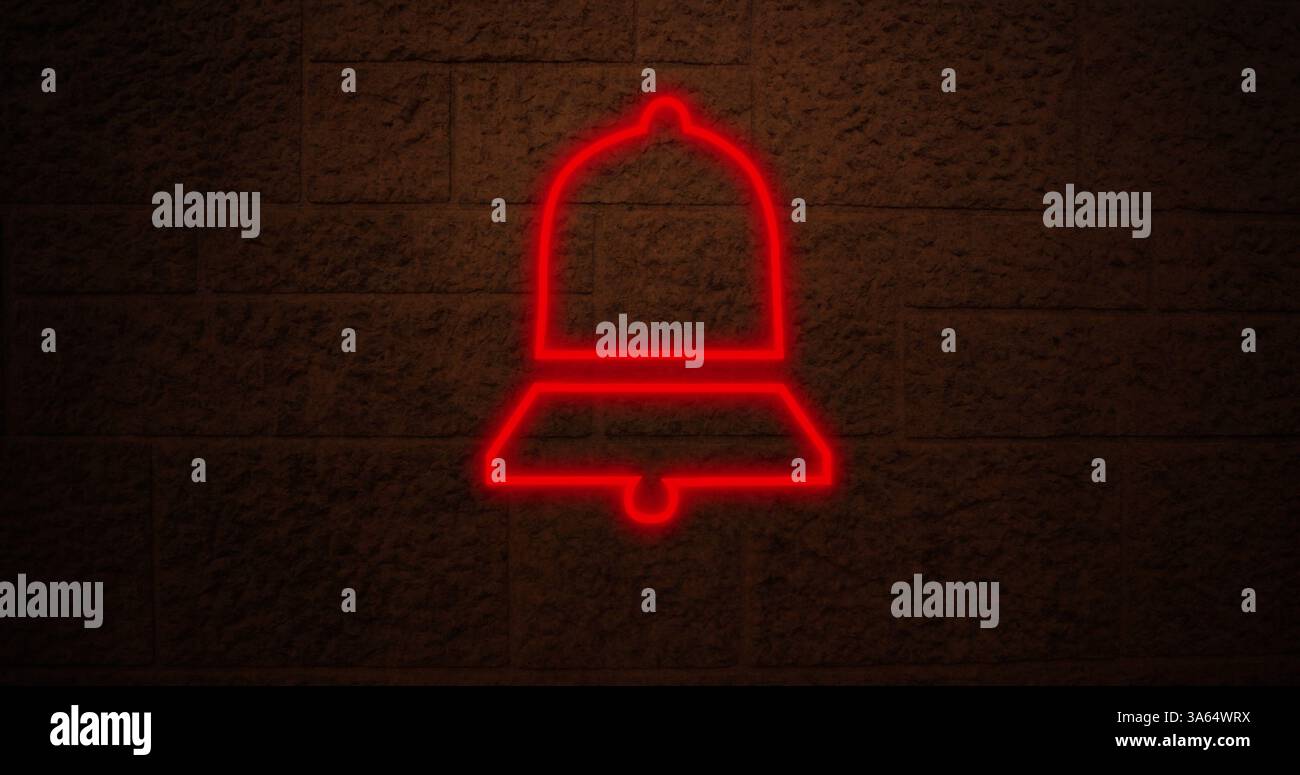 Glowing red neon bell sign illuminating against textured brick wall at ...