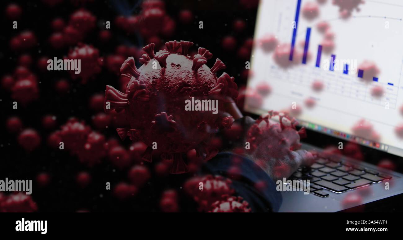 Analyzing data on laptop, person tracking virus spread with graphs ...