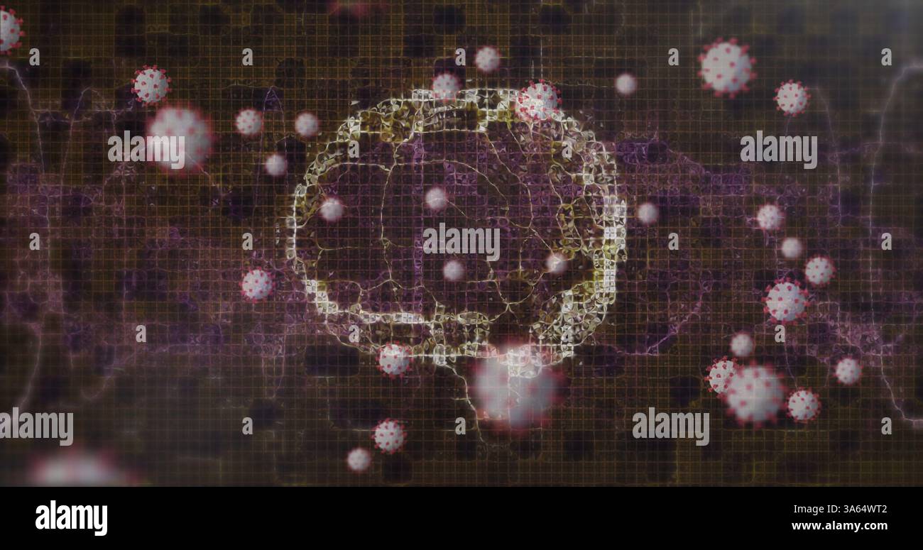 Coronavirus particles surrounding human brain, digital illustration ...