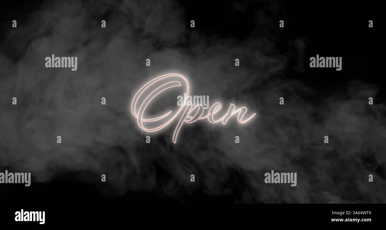 Glowing Open sign with swirling smoke effect on dark background Stock ...